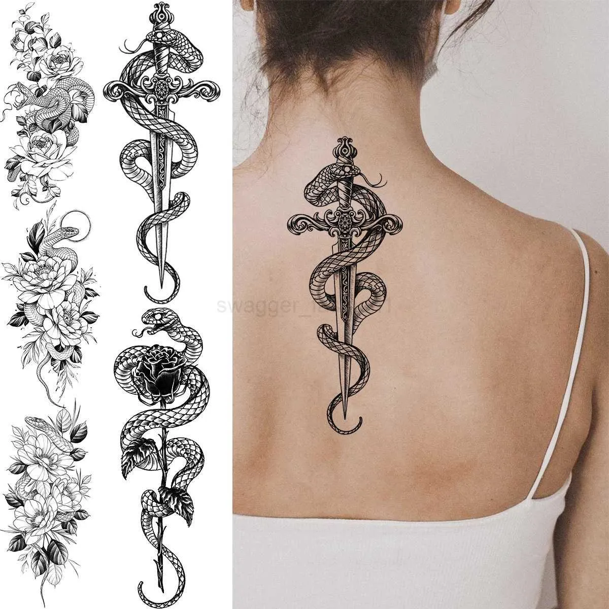 Waterproof Black Snake Sword Temporary tattoo designs for Women - Rose ...