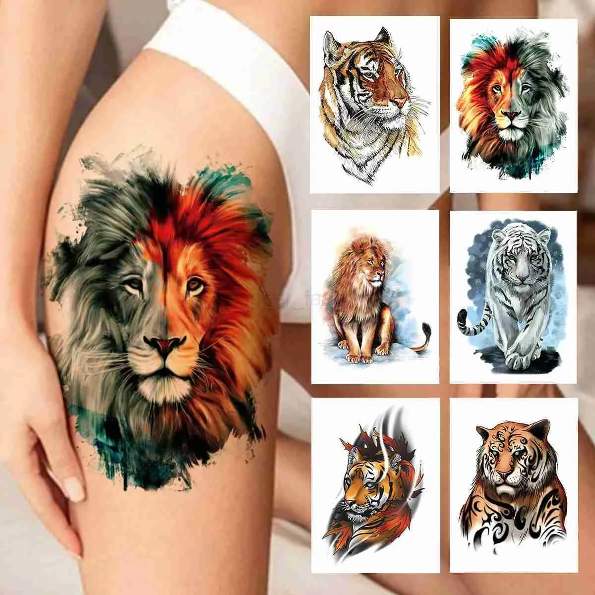 Watercolor Animal Temporary Tattoos: Lion & Tiger Designs Realistic ...