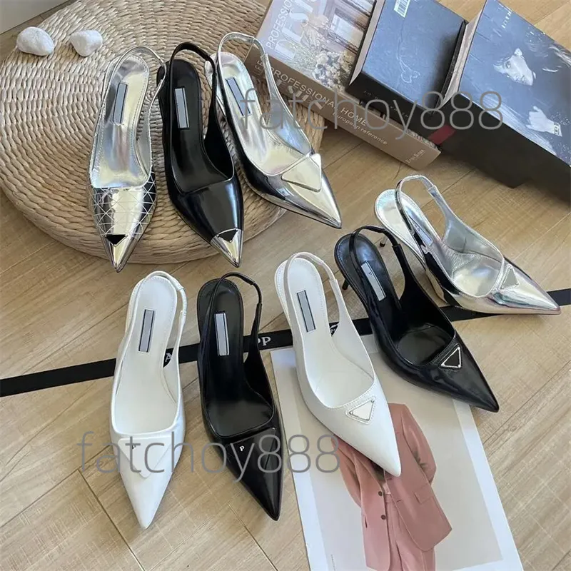 Designer Slingback Women Heels Triangle Pumps Black Leather Pointed ...