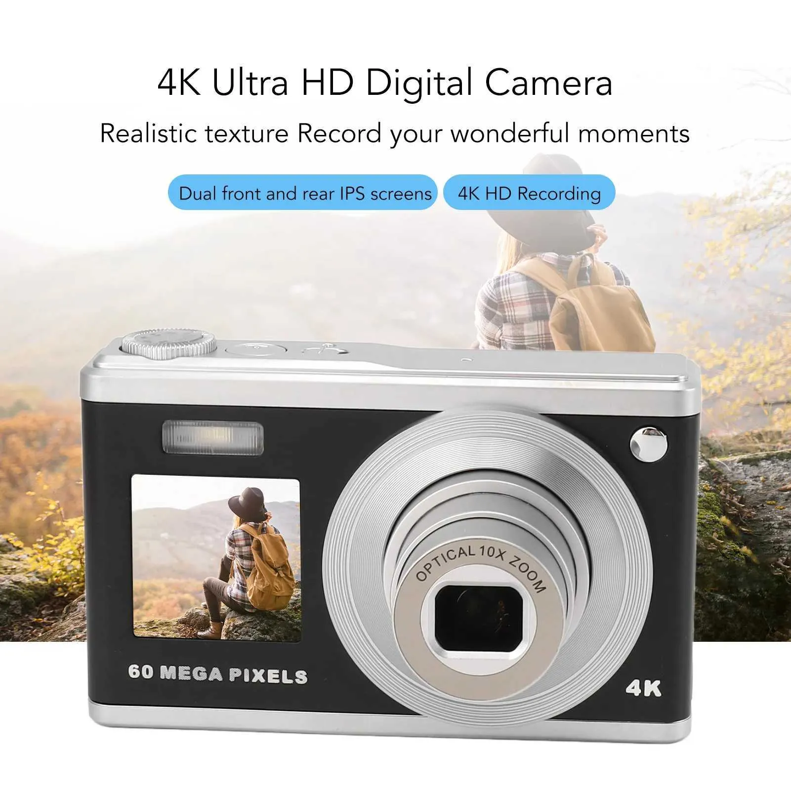 60MP 4K Digital Camera - Dual Screen, 10x Zoom, Image Stabilization ...