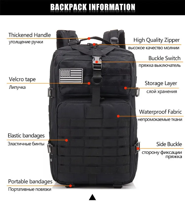 50L Large Capacity Men Tactical Backpack 3P Softback Outdoor Waterproof ...