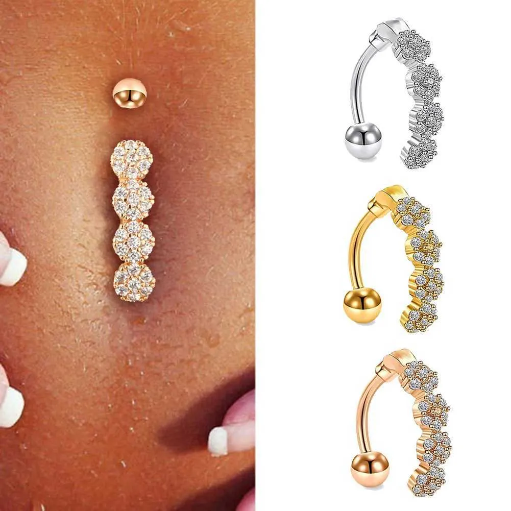 2024 Womens Trendy Stainless Steel Crystal Fake Navel Ring With Flower ...