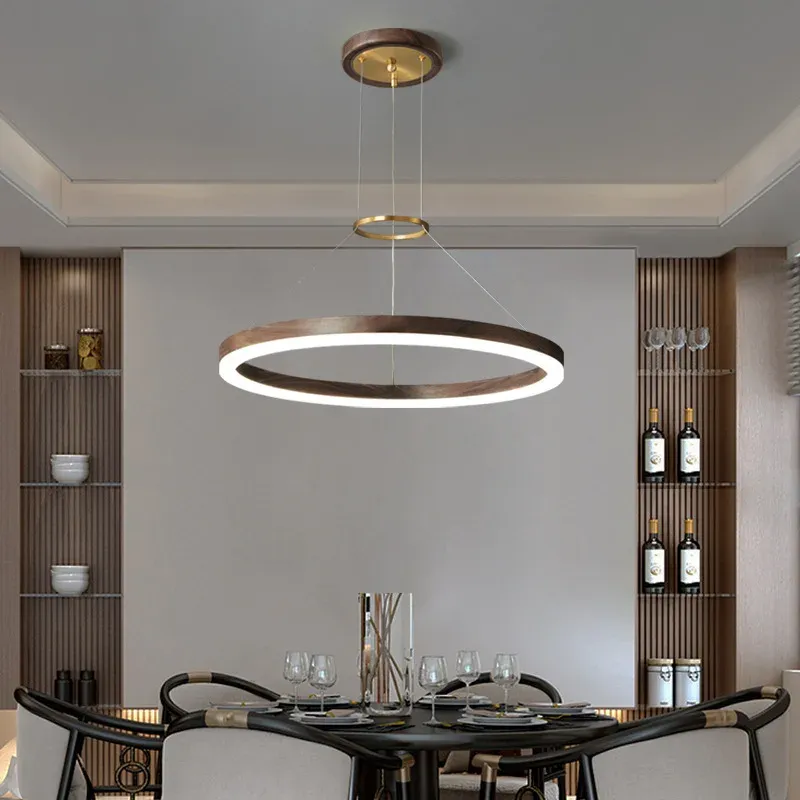 Solid Wood Led Pendant Lights Modern Black Walnut Ceiling Circle