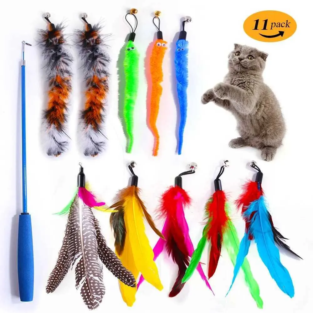 11-Piece Cat Feather Toy Replacement Set with Retractable Cat Stick ...