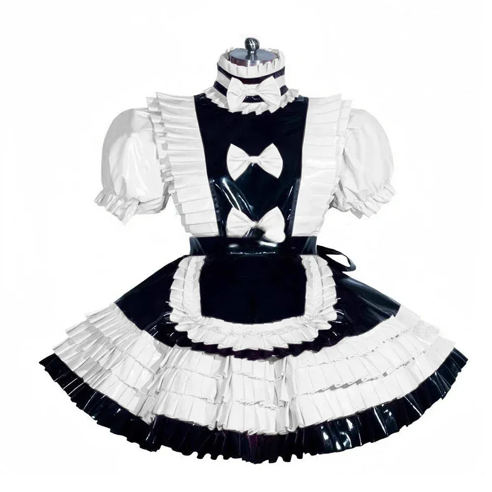 Japanese Cosplay Costume: PVC Leather Lockable Bowtie Maid Uniform With ...