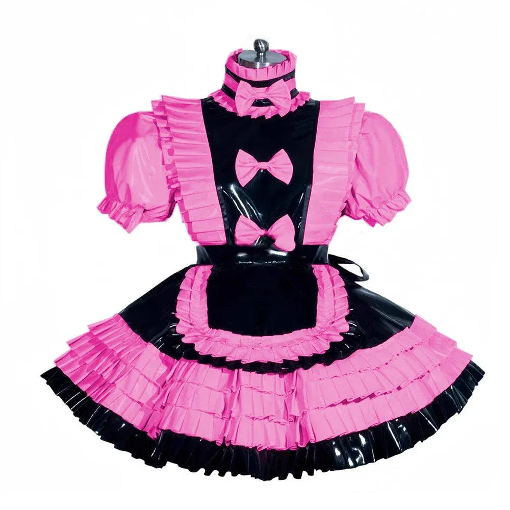 Japanese Cosplay Costume: PVC Leather Lockable Bowtie Maid Uniform With ...