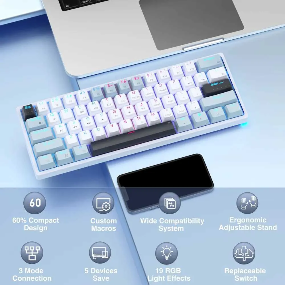 SOLAKAKA SK961 60% Gaming Keyboard Hotswappable Mechanical Bluetooth ...