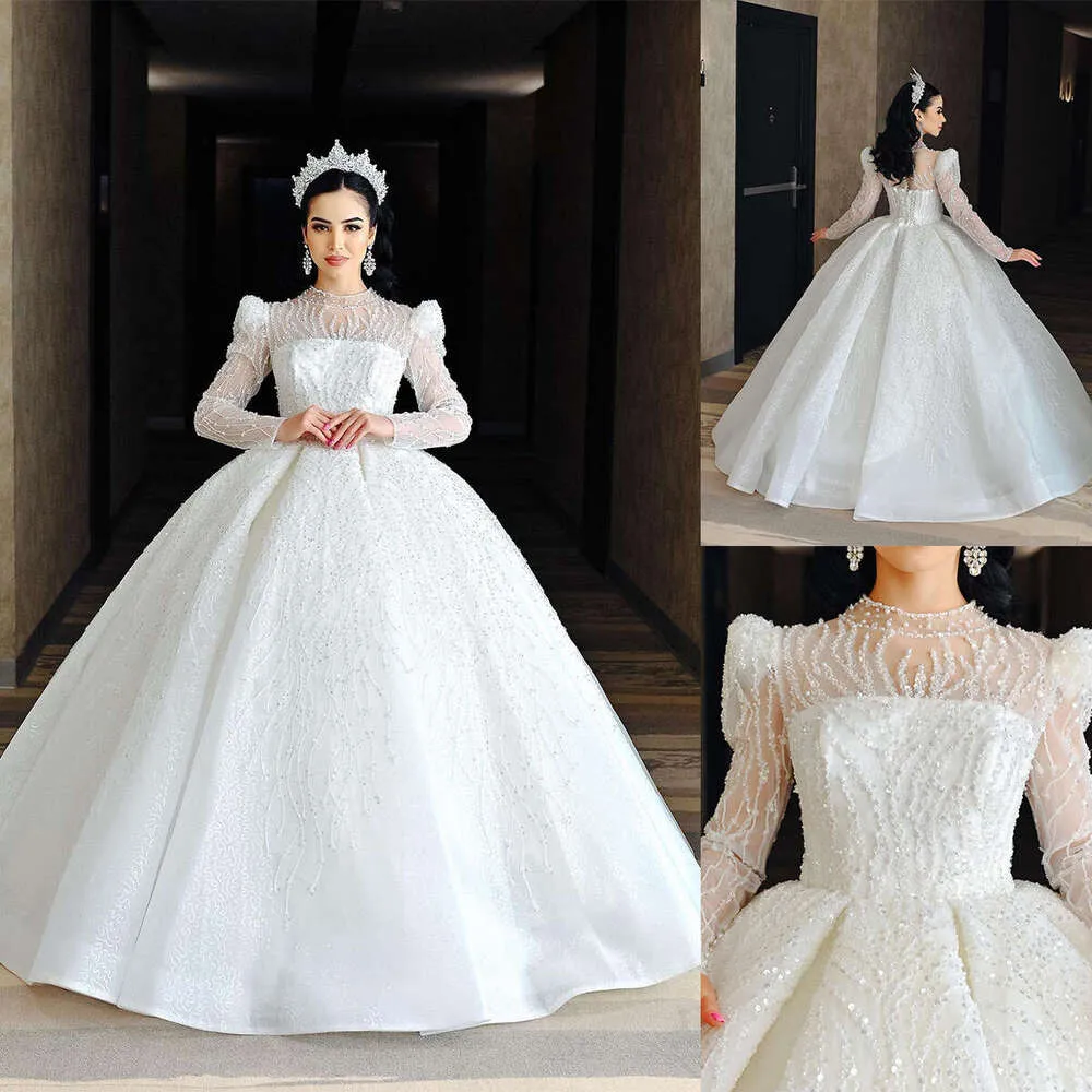 Dubai Ball Gown Wedding Dresses: Long Sleeve Appliques Lace Bridal ...
