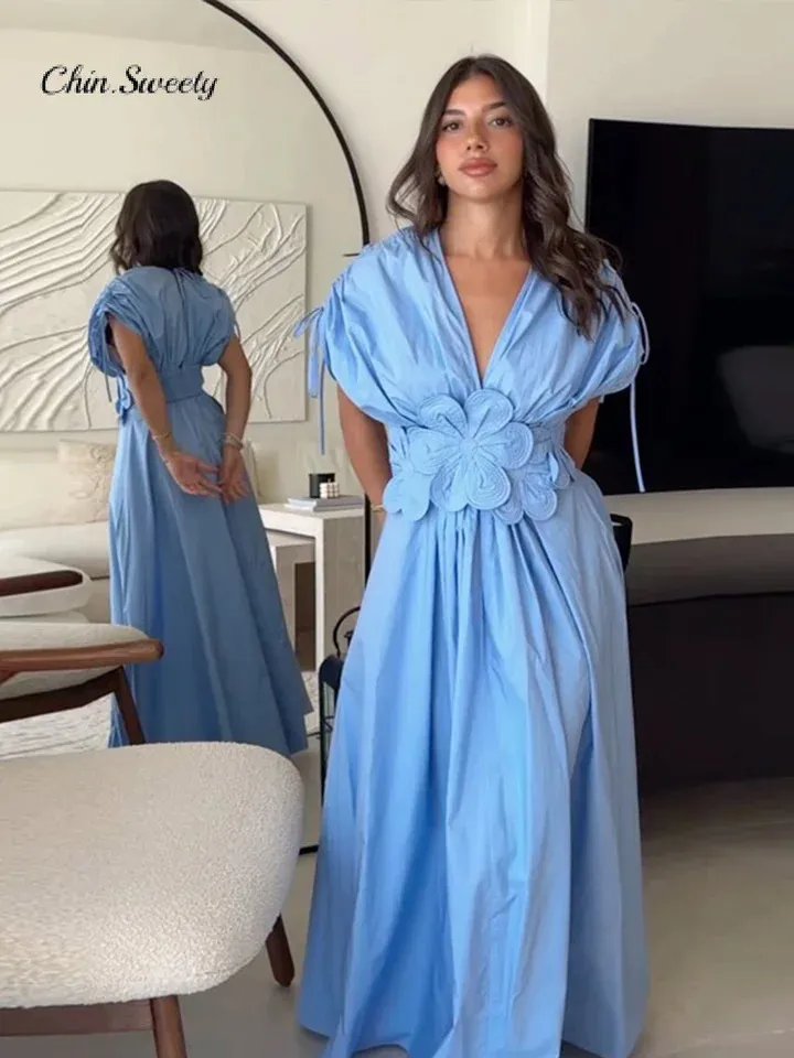 Solid 3D Flower Pleated Dress Women Elegant Drawstring V Neck Short ...