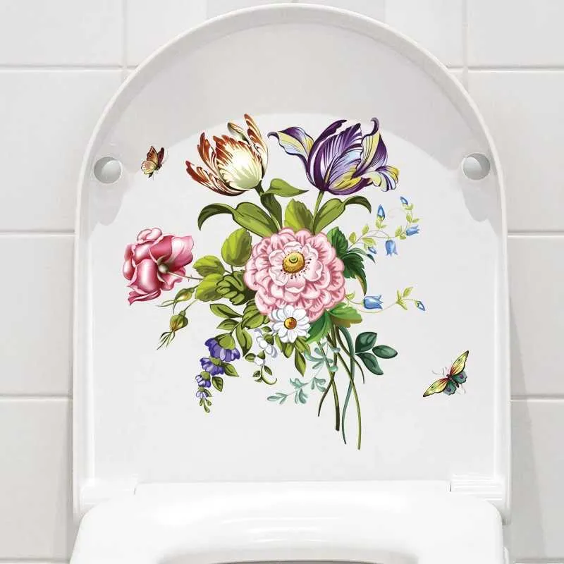 Watercolor Floral Rose And Peony Green Leaves Toilet Wall Stickers Self ...