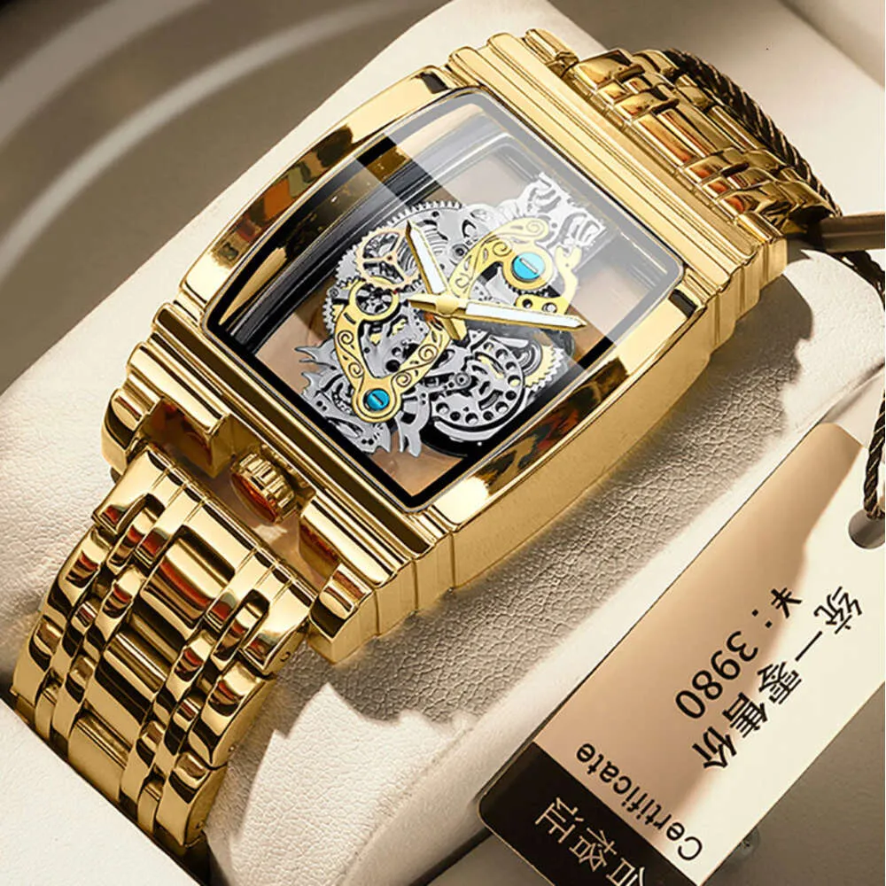 Gold Skeleton Mechanical Automatic Men's Wristwatch with Stainless ...