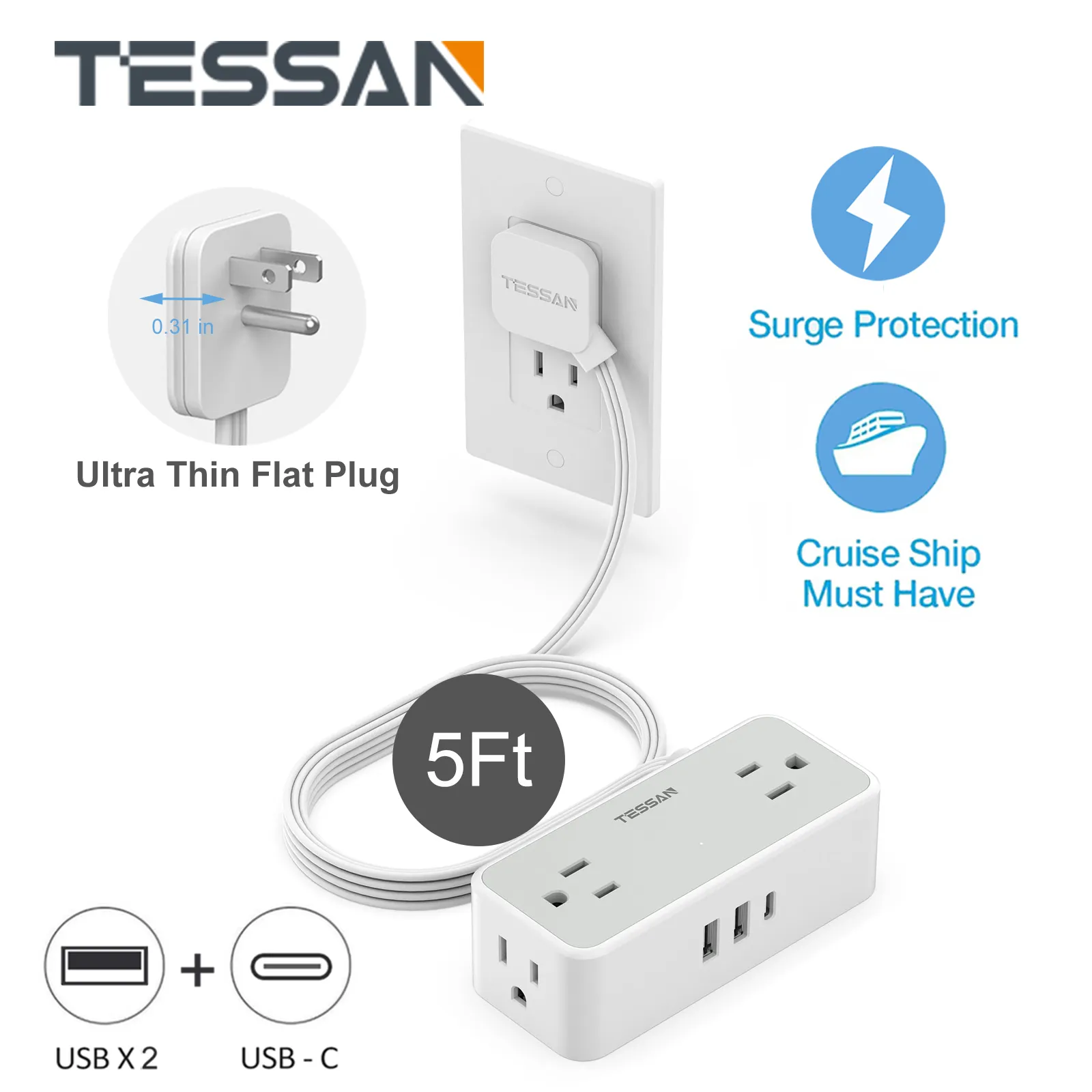 Ultra Thin Flat Plug Power Strip: 4 Outlets, 3 USB Ports 1 USB-C, 5ft ...