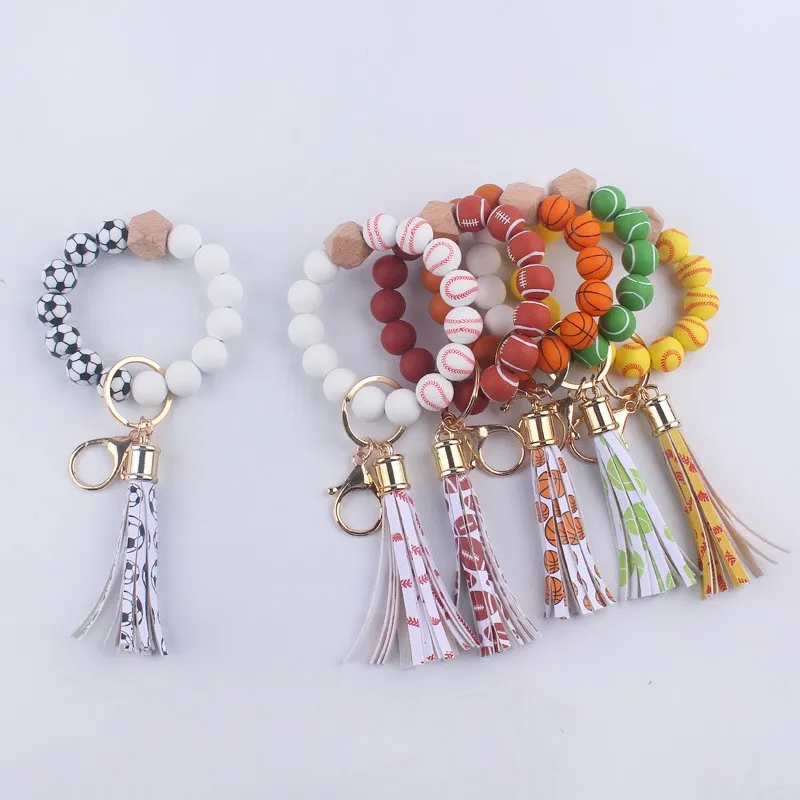 Cute Cartoon Football Bead Bracelet Keychain - Wooden Wrist Key Ring ...