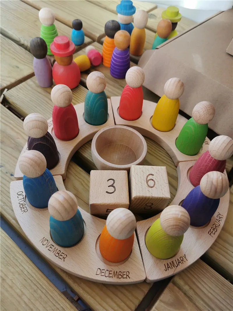 Wooden Rainbow Calendar with Peg Dolls and Wizard Figurines for ...