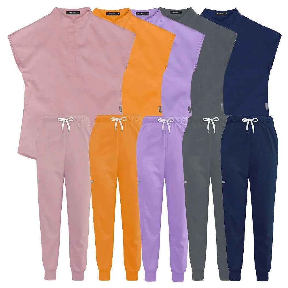 Niaa Hinn Scrubs Sets For Women Zip Up Long Solid Non Iron Linen ...