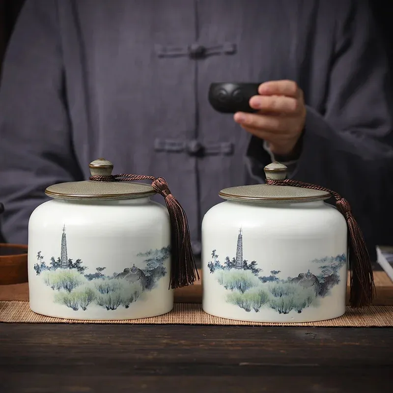 Ceramic Tea Caddy with Landscape Art - Moisture-Proof Food Storage Jar ...
