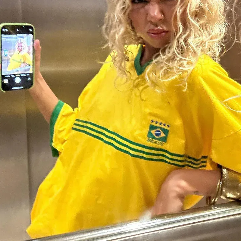 Women's Casual Yellow T Shirt With Brazil Embroidery, Loose Fit, Medium ...