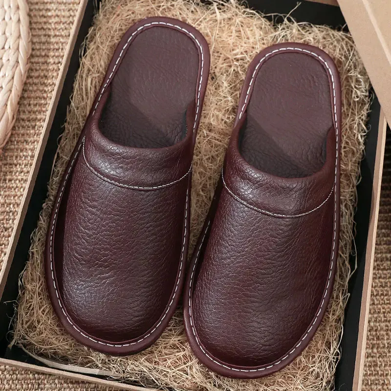 240713 Waterproof Faux Leather Slippers For Men Indoor Winter Fur Lined ...