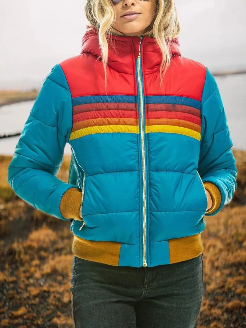 Women's Rainbow Stripe Puffer Jacket - Aviators Nation Winter Hooded ...