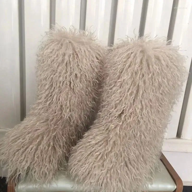 Winter Snow Boots Mid Calf With Faux Mongolian Sheep Fur Lambskin Upper ...