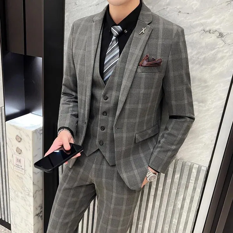 Premium Plaid Suits for Men: Yarn-Dyed Three-Piece - Wedding, Business ...