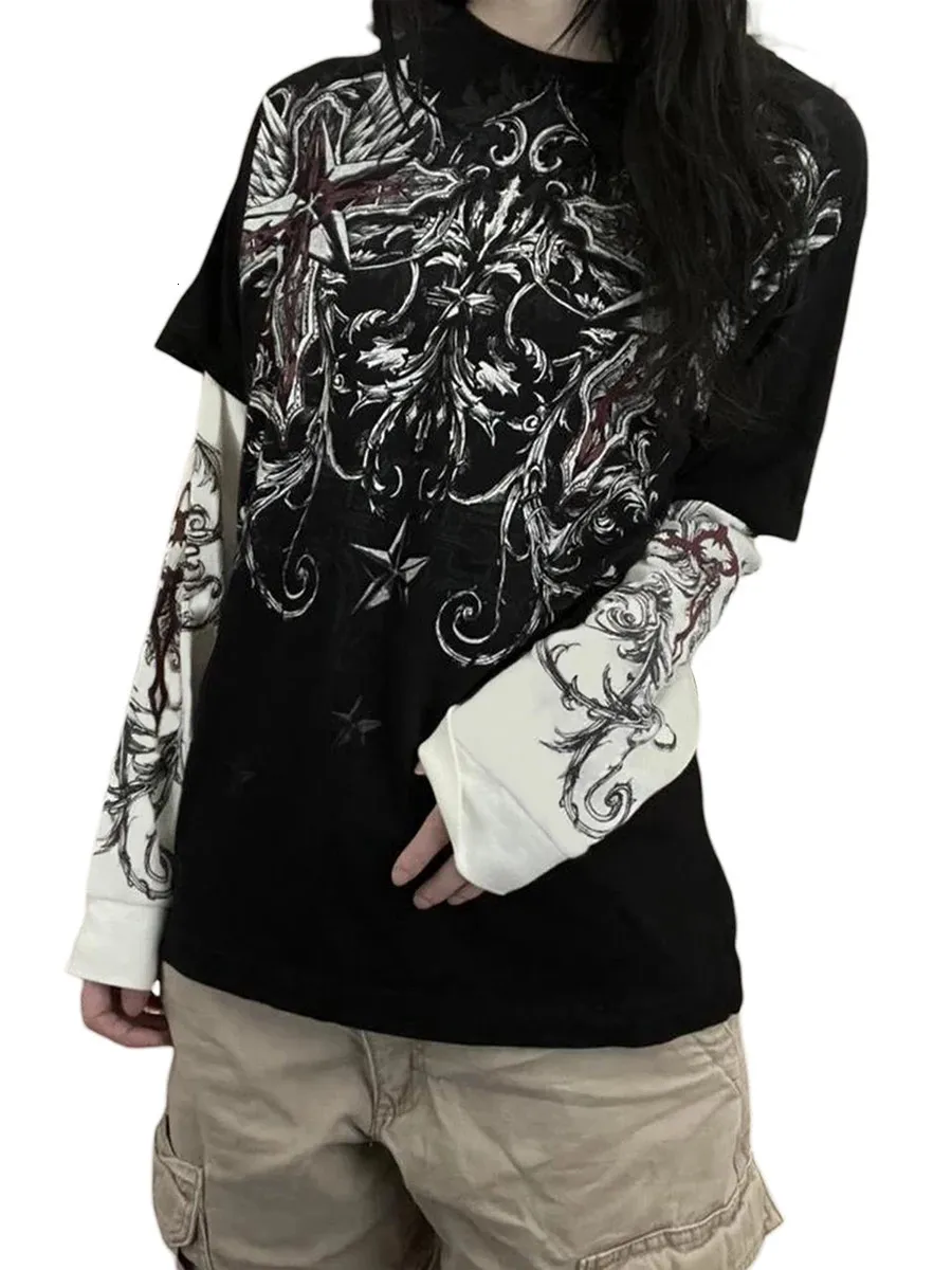 E-Girl Gothic Graphics Print T-Shirt Vintage Grunge Mall Goth Pullover ...