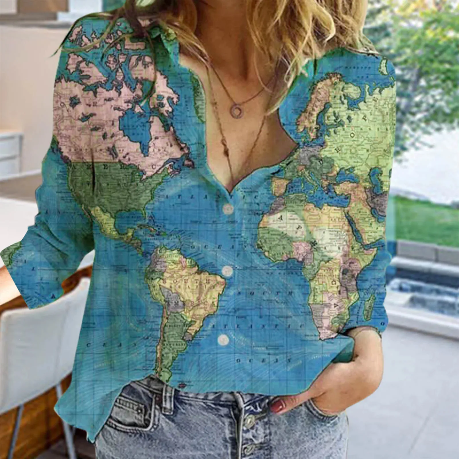 World Map Print Blouse: Long Sleeve Button Down Shirt - Shop Now! from ...