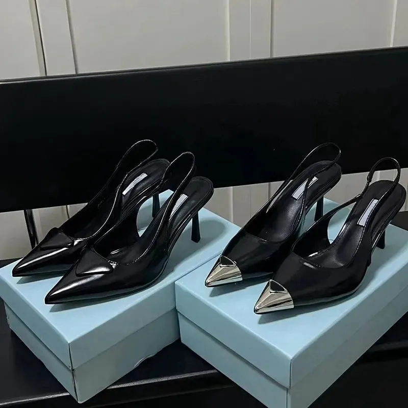 Designer High Heels Women Slingback Triangle Pumps Black Leather ...