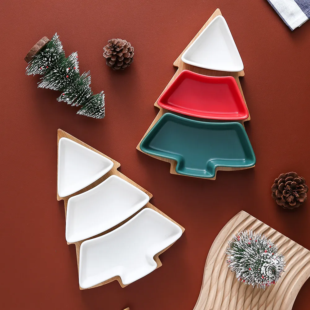 Christmas Tree Ceramic Serving Platter Snack Plate With Bamboo Handle ...