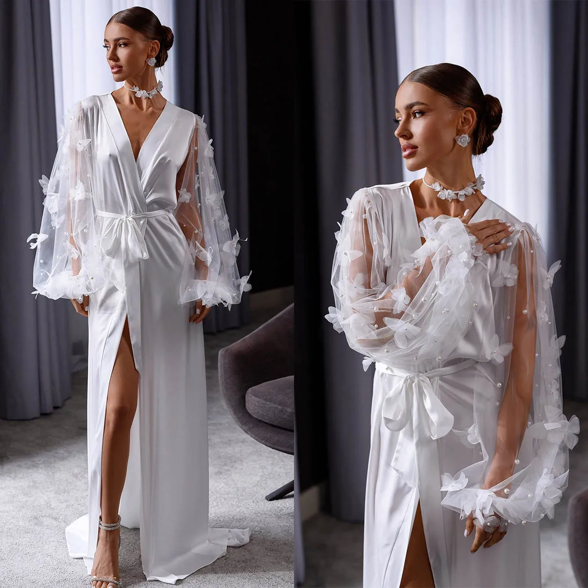 DHgate.com:2024Plus Size Tulle Robes Women Long Kimono Silk Satin ...