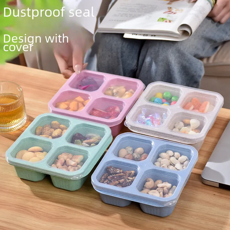 Wheat Food Box Snack Box Four Compartment Transparent Cover Snack Plate ...