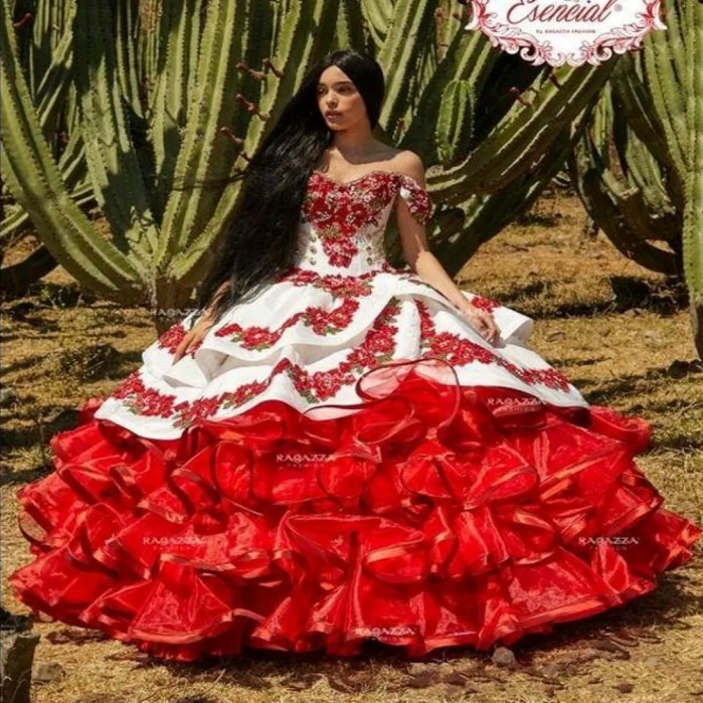 Off Shoulder Ruffled Floral Charro Mexican Red Quinceanera Dresses With ...