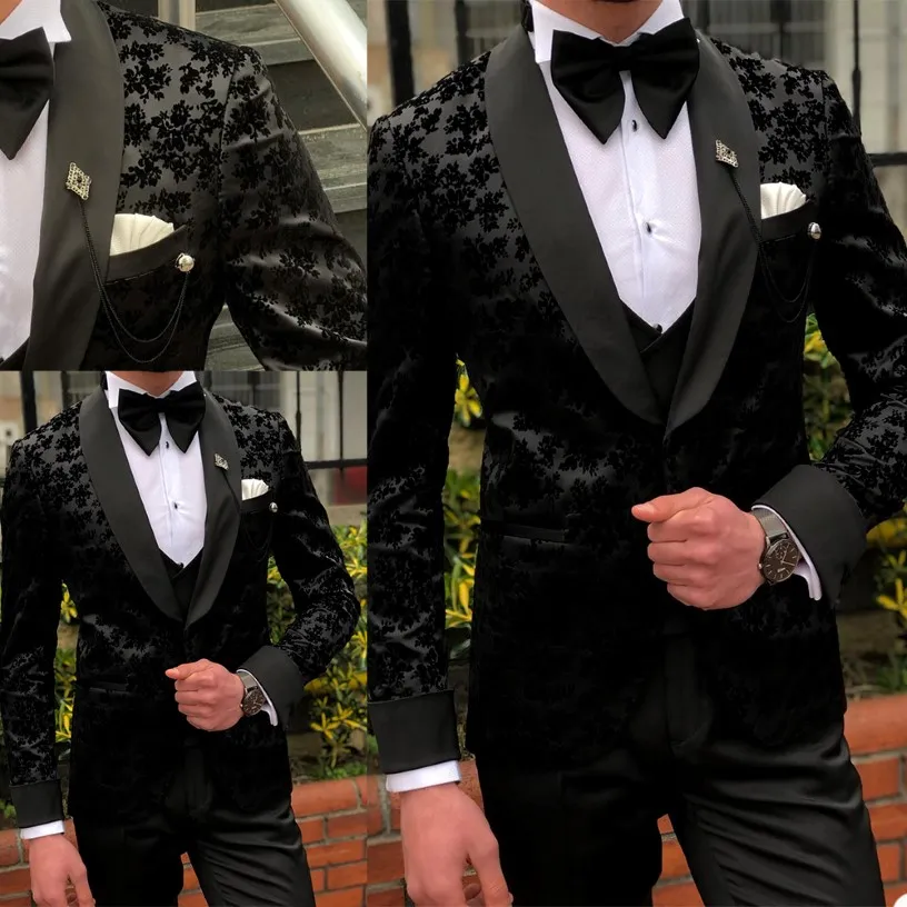 Custom Made Black Lace Black Velvet Tuxedo Wedding Set For Men Groom And Groomsmen Suit ...