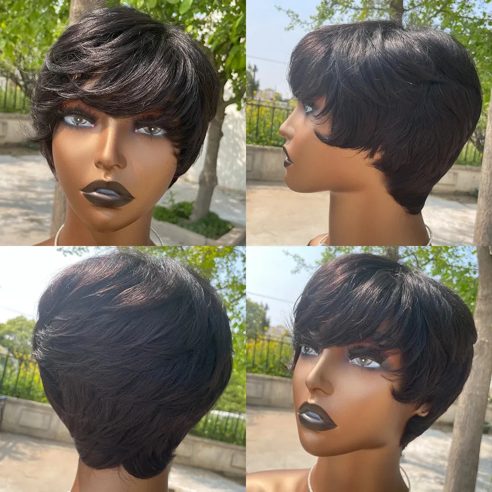 Short Pixie Cut Human Hair Wig for Black Women with Bangs, Average Size ...