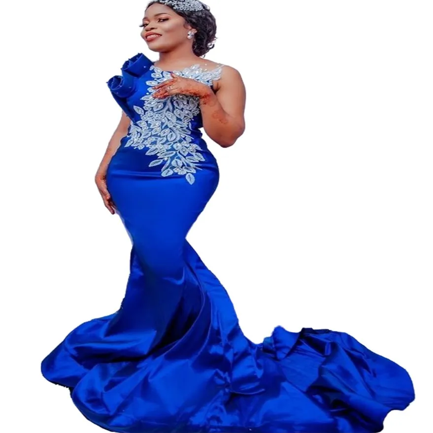 Royal Blue Lace Beaded Mermaid Blue Mermaid Prom Dress For Plus Size ...