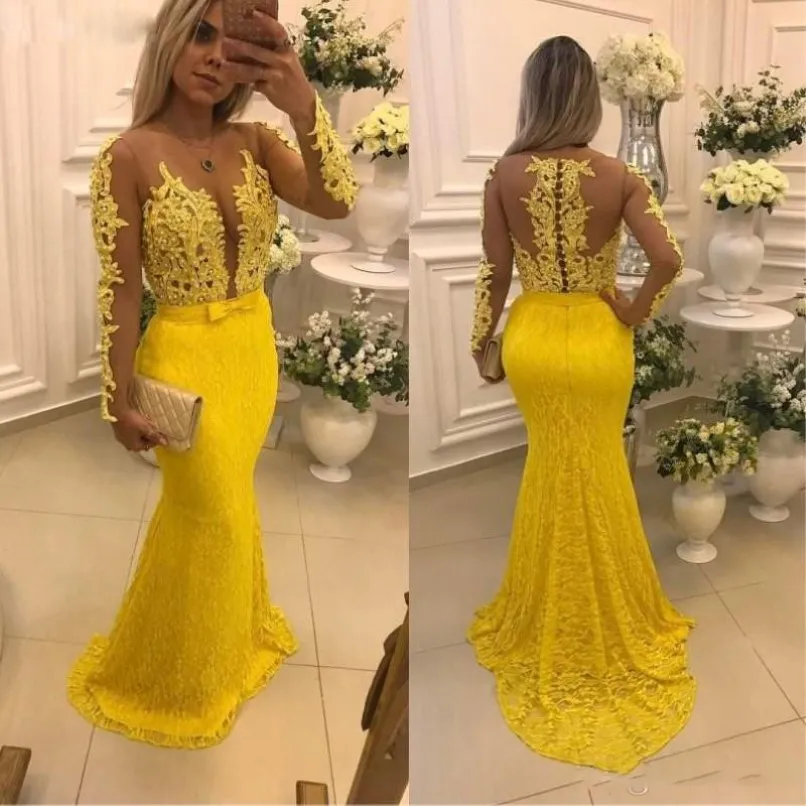 Mermaid Yellow Mermaid Prom Dress With Sheer Neck, Long Sleeves, Appliques, Pearls, And Sweep ...