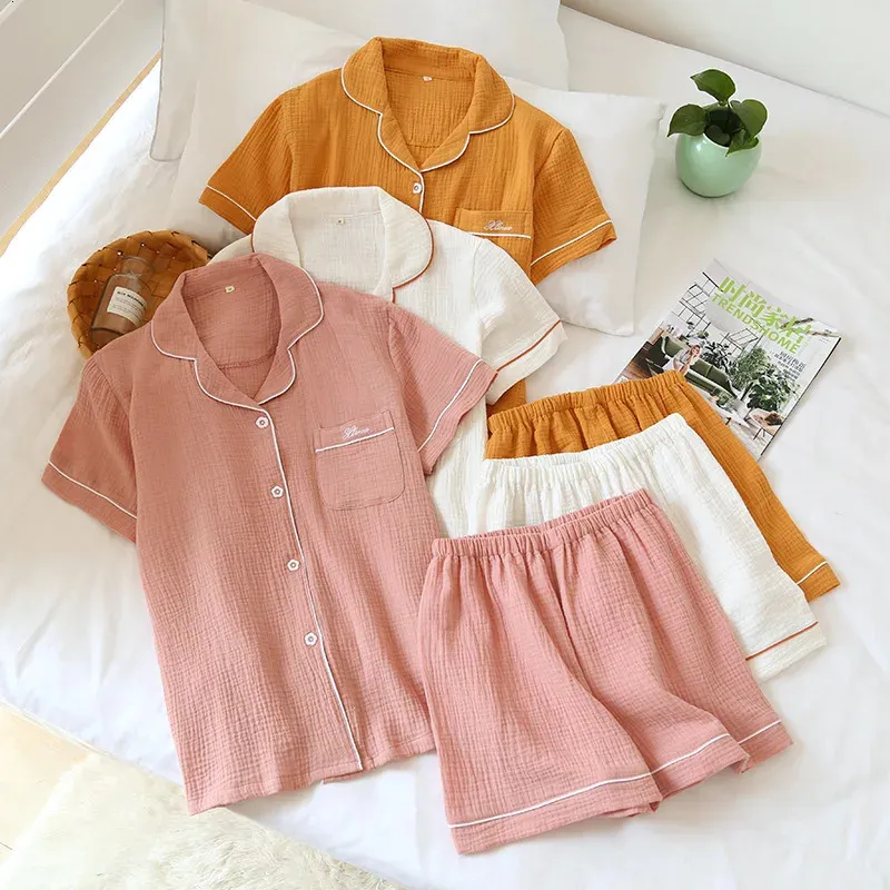 Japanese Summer Womens Cotton Pajama Set Simple Crepe Design, Short Sleeved Shirt And Pyjama ...