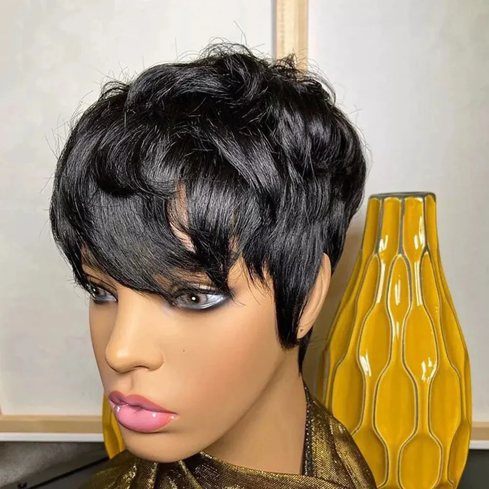 Short Pixie Cut Human Hair Wig for Black Women with Bangs, Average Size ...