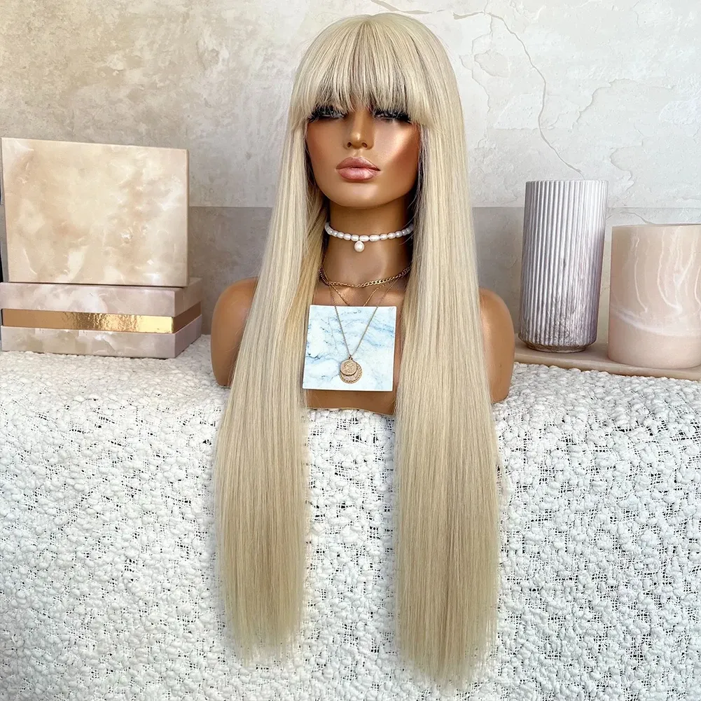 Long Bone Straight Human Hair Wig with Bangs - Glueless Black/Blonde ...