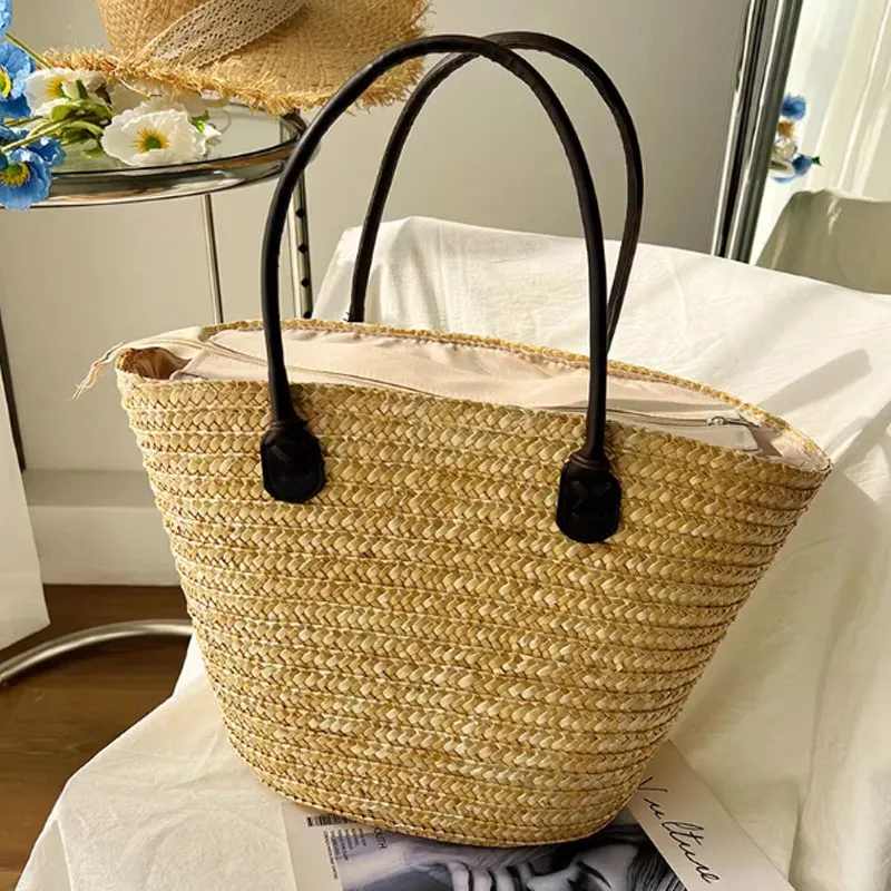 Women's Summer Beach Handbag - Large Capacity Drawstring Woven Grass ...