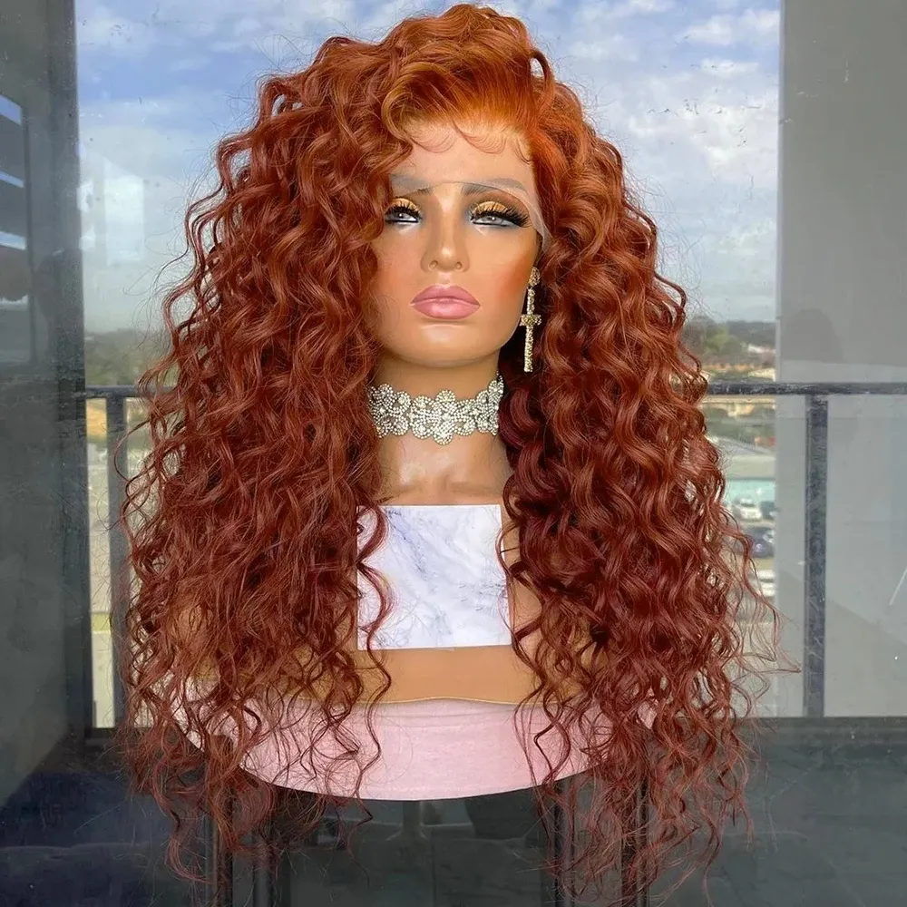 36 40 Inch Deep Wave Orange Ginger Curly Front Synthetic Lace Front Wig ...