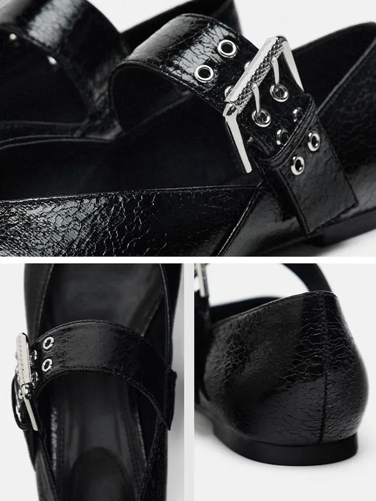 Leather Mary Jane Flats: Square Toe Ballet Shoes with Silver Buckle ...
