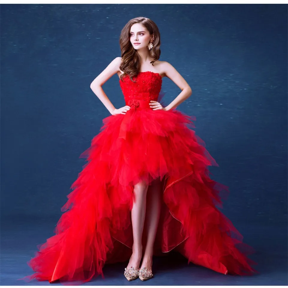 Red High Low Wedding Dresses With Feather And Flowers 2019 Sweep Train Wedding Gowns Vestido De ...