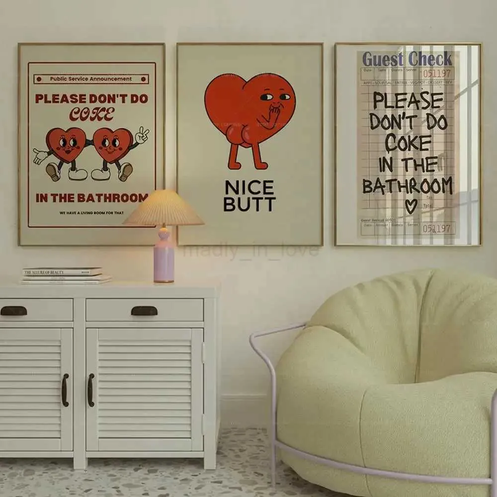 Groovy Heart Canvas Art: Retro Bathroom Rules Wall Art - Beige Animated ...