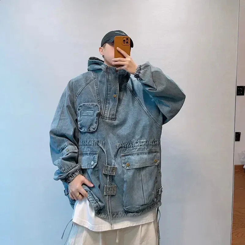 Spring Retro Workwear Tooling Hooded Denim Jackets Fashion Causal Loose ...