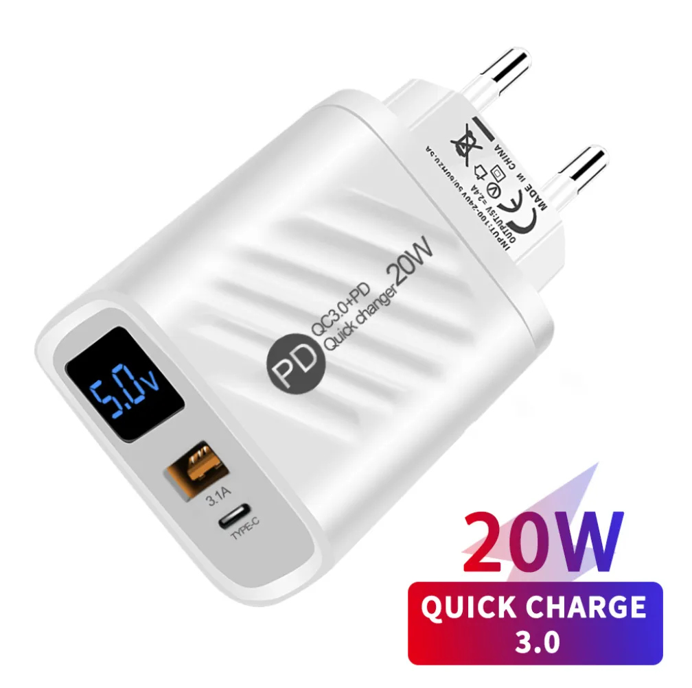 20W PD USB/Type C LCD Display Charger, 5V/2.4A With US/EU Plug, Dual ...
