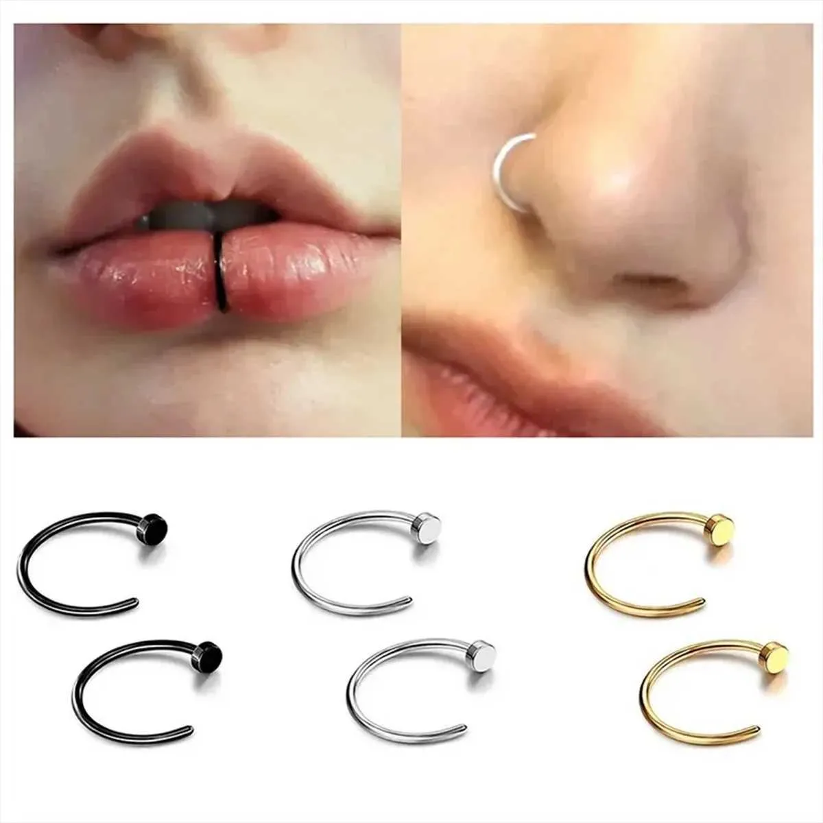 Fake Lip Ring Set 2/ - 20G Stainless Steel Clip-On Nose Ring, Labret ...