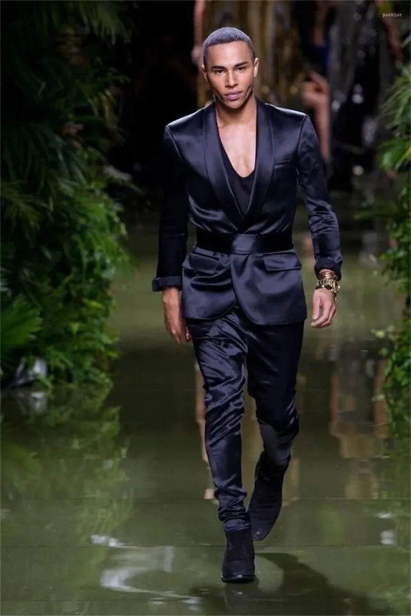 Men s 2 Piece Satin Silk Suit with Peaked Lapel and Belt Designer Party Business Wear in Solid Colors