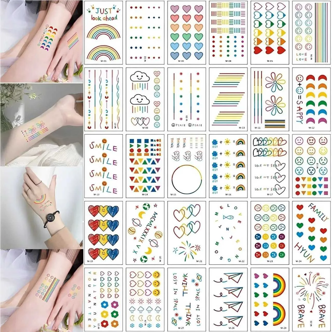 30 Rainbow Temporary Tattoos - Small & Cute Designs: Hearts, Fireworks ...