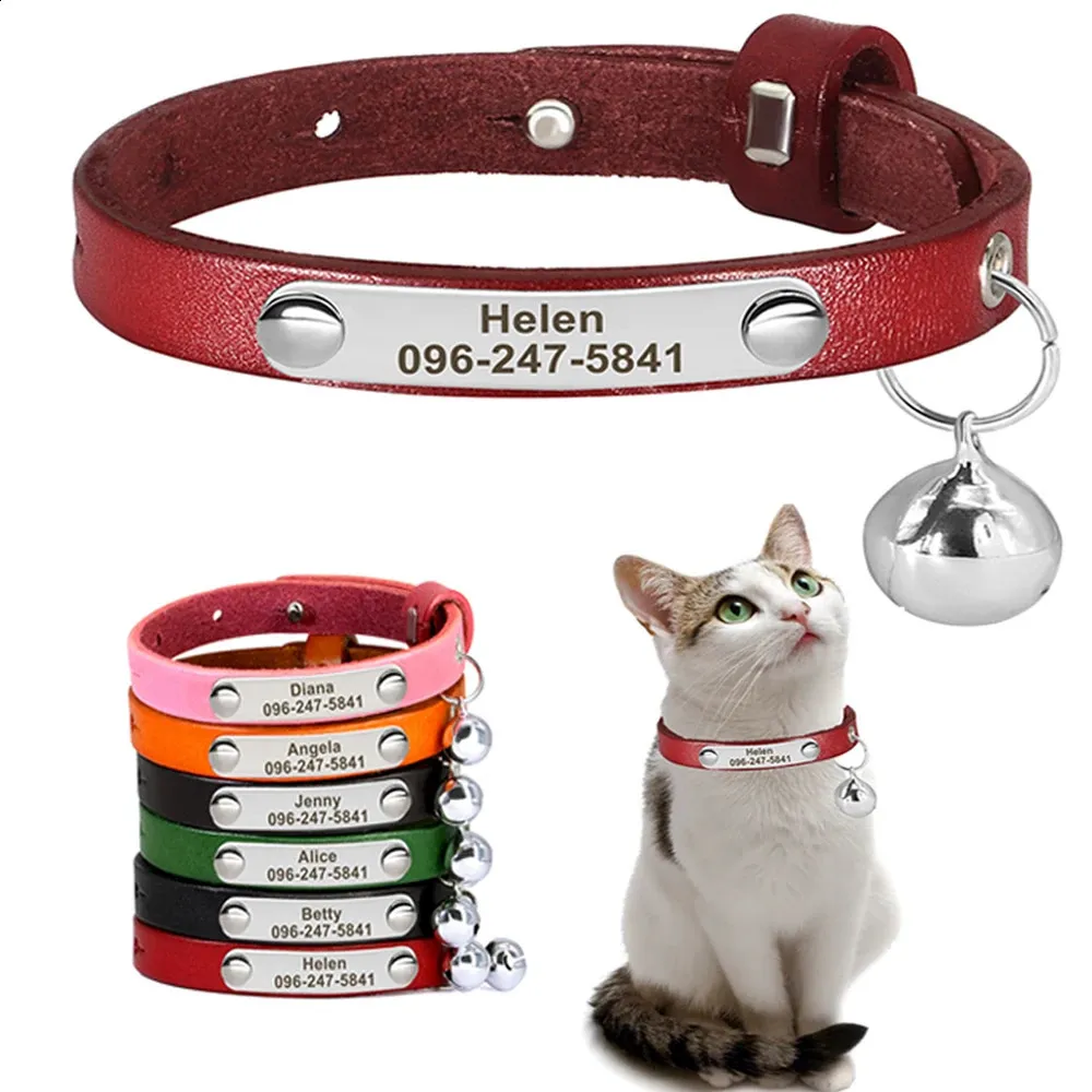 Personalized Cat Collar Adjustable Leather Reflective Pet Cats Collars ...